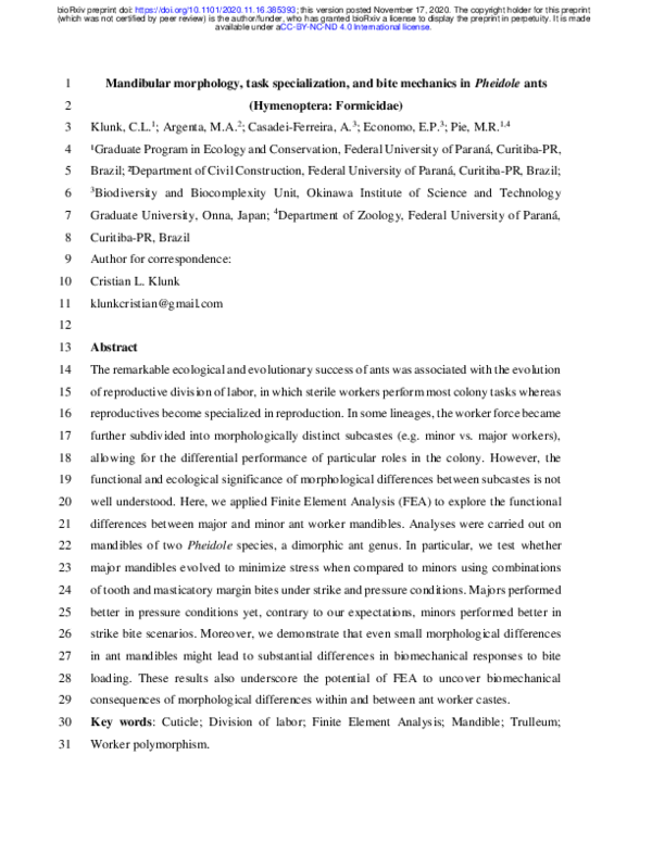 (PDF) Mandibular morphology, task specialization, and bite mechanics inPheidoleants (Hymenoptera ...