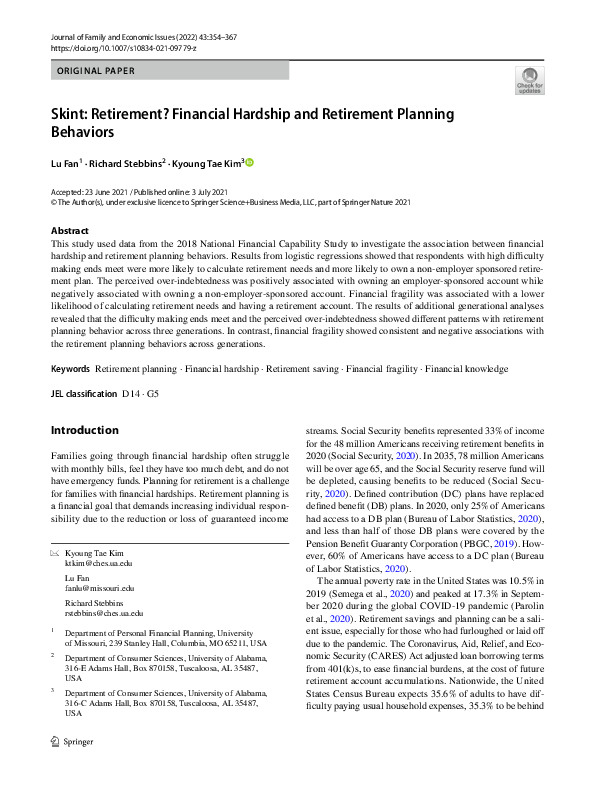 (PDF) Skint: Retirement? Financial Hardship and Retirement Planning Behaviors
