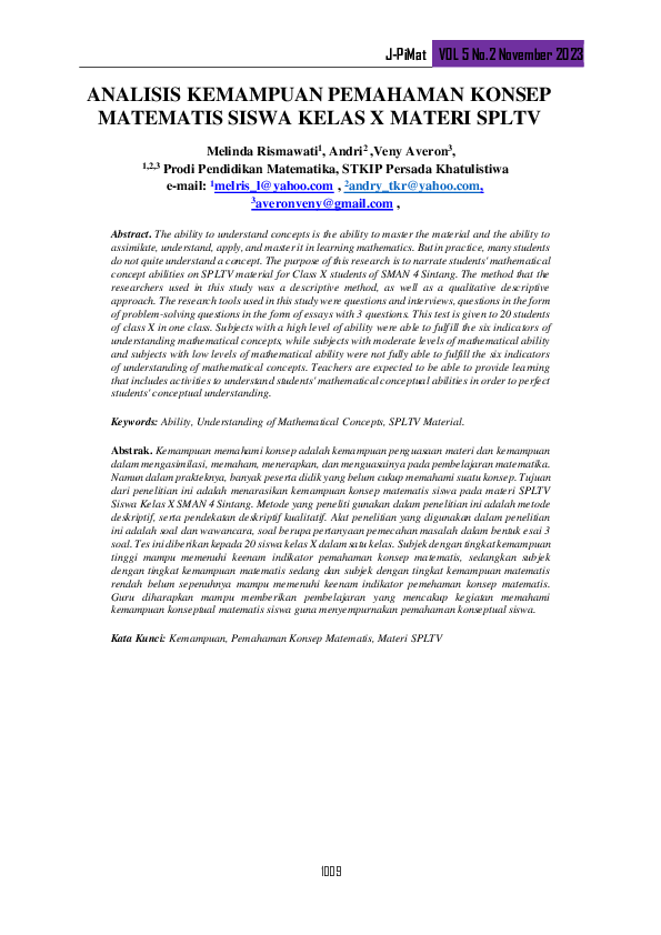 (PDF) Analisis Kemampuan Pemahaman Konsep Matematis Siswa Kelas X Materi SPLTV