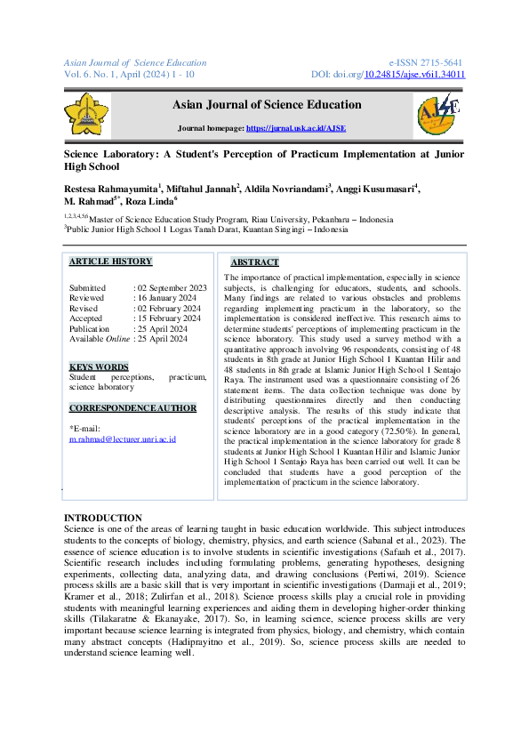(PDF) Science Laboratory: A Student's Perception of Practicum Implementation at Junior High School