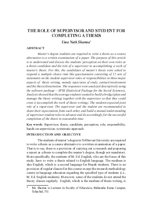 (PDF) The Role of Supervisor and Student for Completing a Thesis