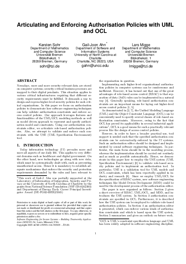 (PDF) Articulating and enforcing authorisation policies with UML and OCL