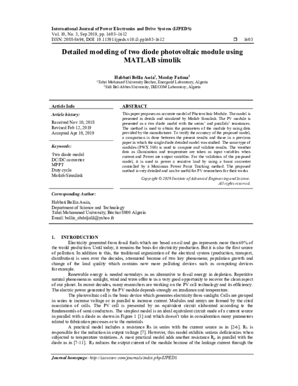 (PDF) Detailed modeling of two diode photovoltaic module using MATLAB ...