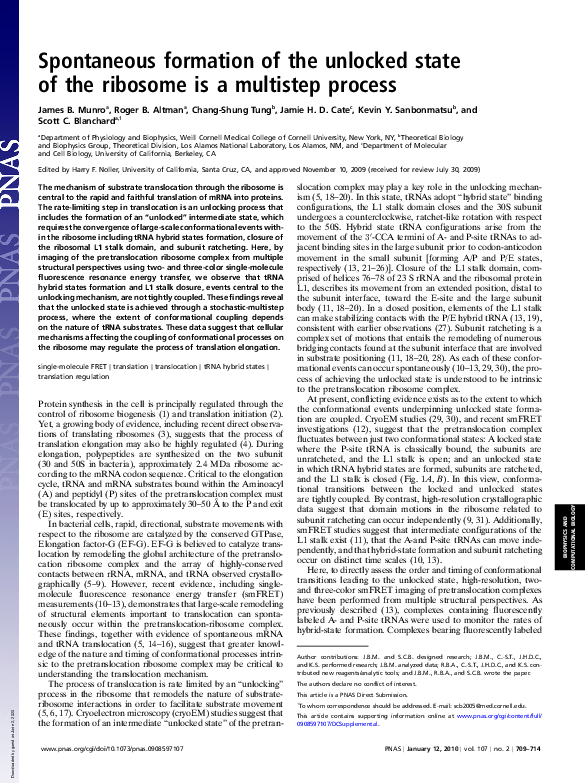 (PDF) Spontaneous formation of the unlocked state of the ribosome is a ...