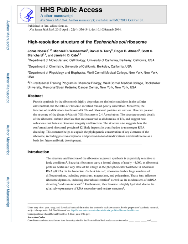 (PDF) High-resolution structure of the Escherichia coli ribosome | Scott C. Blanchard - Academia.edu