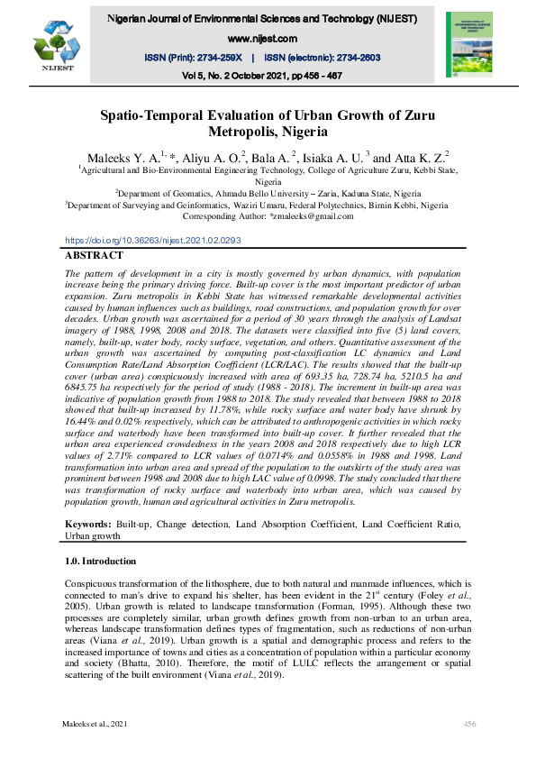 (PDF) Spatio-Temporal Evaluation of Urban Growth of Zuru Metropolis, Nigeria