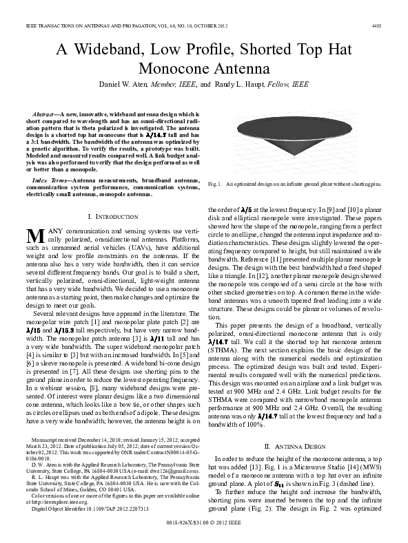 (PDF) A Wideband, Low Profile, Shorted Top Hat Monocone Antenna