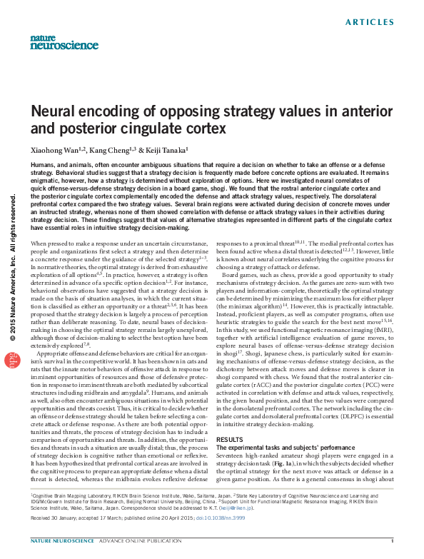 (PDF) Neural encoding of opposing strategy values in anterior and ...