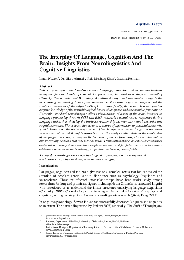 (PDF) The Interplay of Language, Cognition and the Brain: Insights from Neurolinguistics and ...