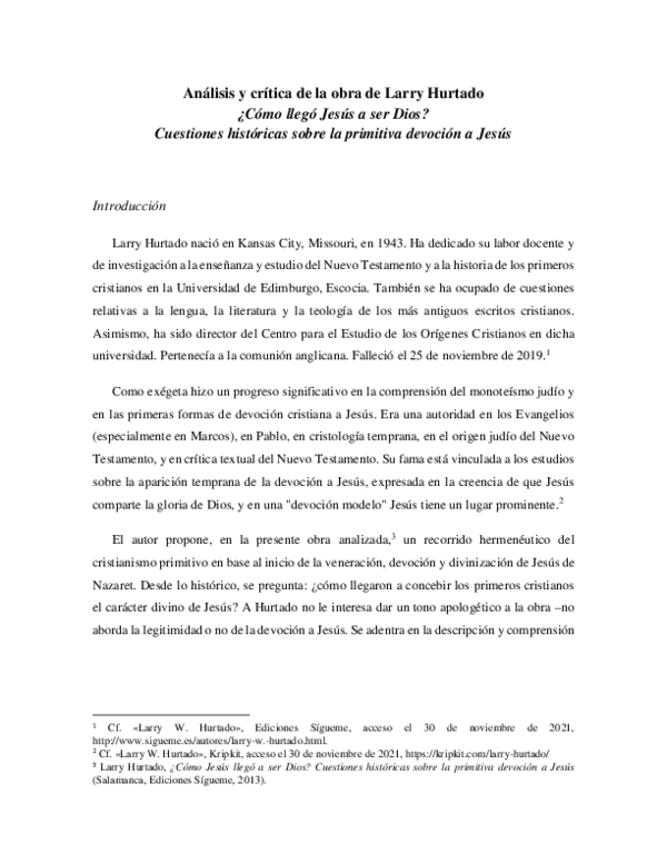 (PDF) Análisis y crítica de la obra de Larry Hurtado "¿Cómo llegó Jesús ...