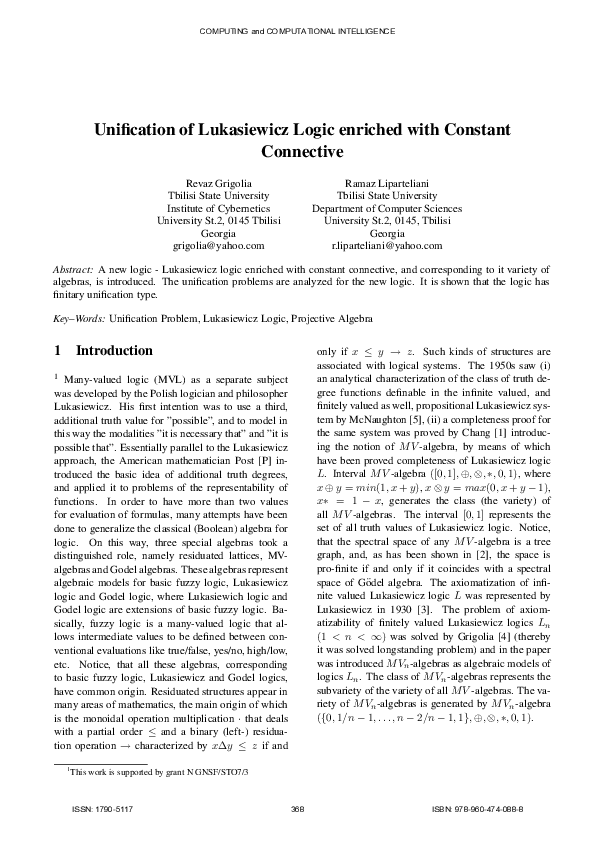 (PDF) Unification of Lukasiewicz logic enriched with constant connective