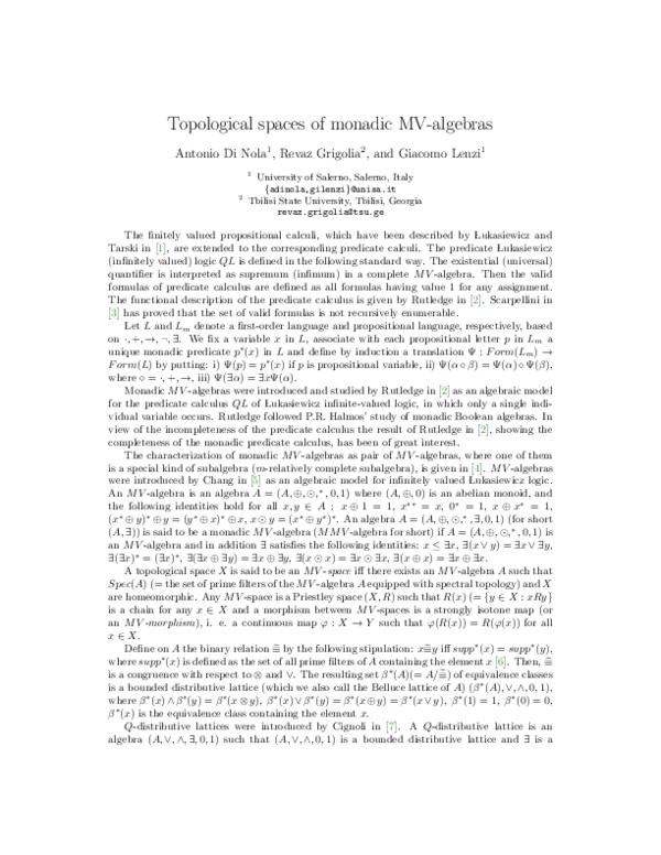 (PDF) Topological spaces of monadic MV-algebras