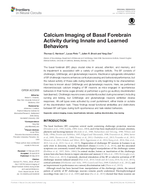 (PDF) Calcium Imaging of Basal Forebrain Activity during Innate and Learned Behaviors | Lucas ...