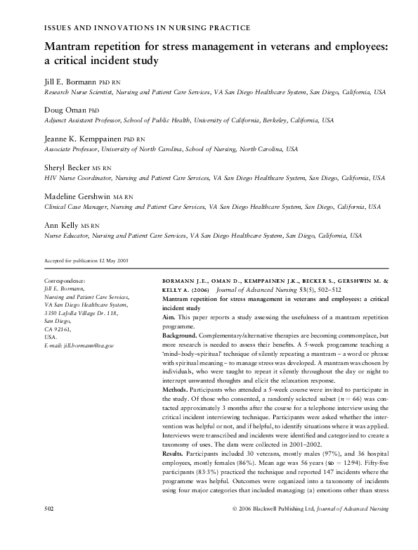 (PDF) Mantram repetition for stress management in veterans and ...