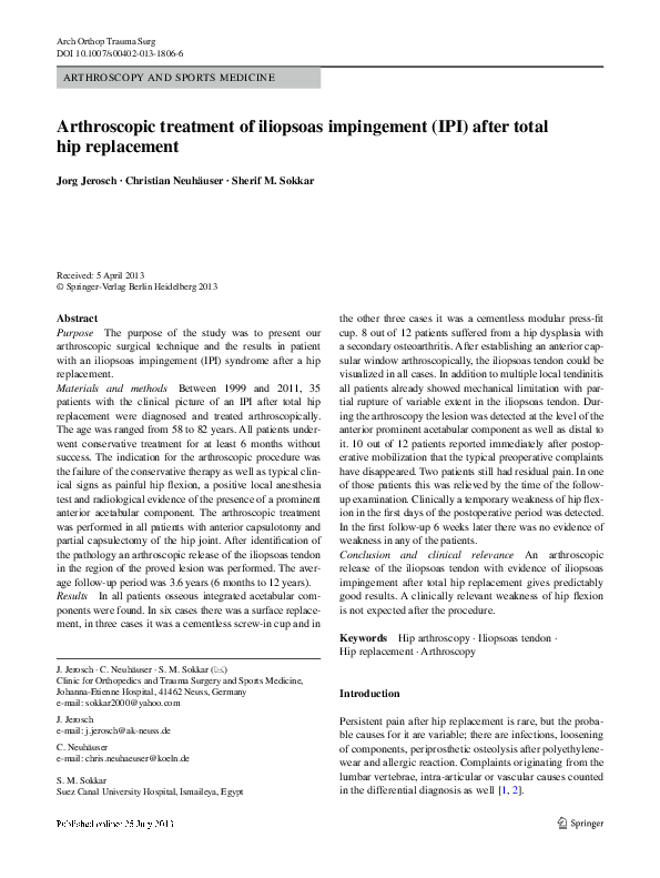 (PDF) Arthroscopic treatment of iliopsoas impingement (IPI) after total ...