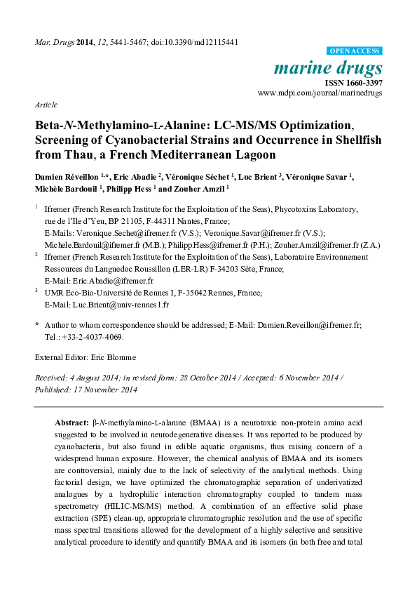(PDF) Article Beta-N-Methylamino-L-Alanine: LC-MS/MS Optimization ...