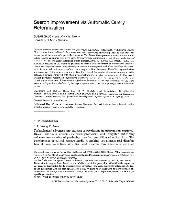 (PDF) Search improvement via automatic query reformulation