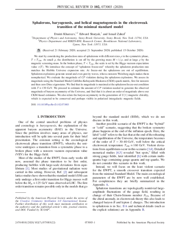 (PDF) Sphalerons, baryogenesis, and helical magnetogenesis in the ...