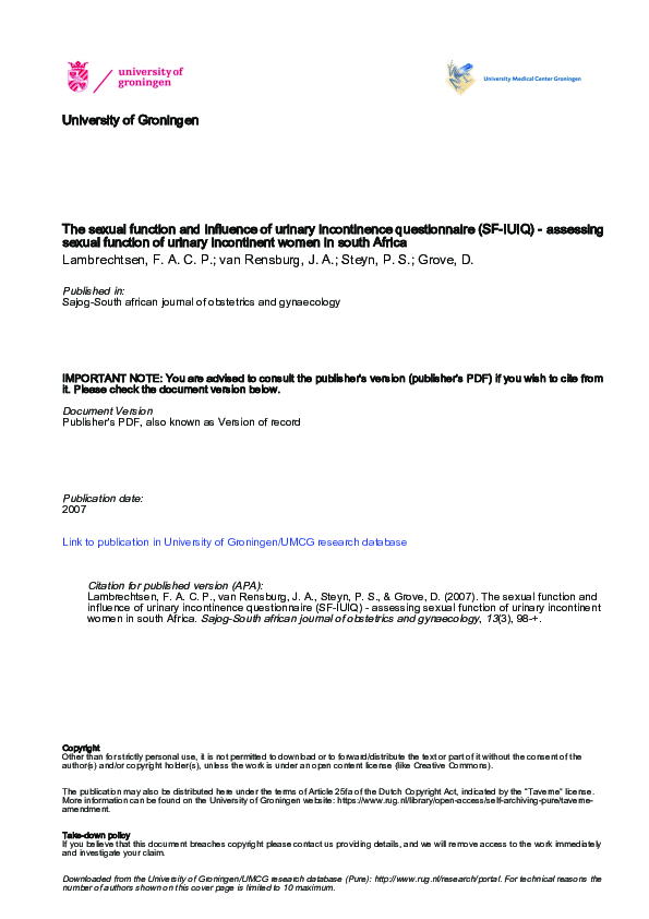 (PDF) The Sexual Function and Influence of Urinary Incontinence ...