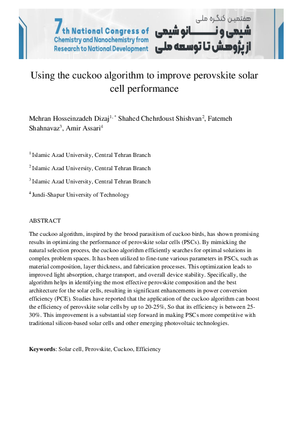 (PDF) Using the cuckoo algorithm to improve perovskite solar cell performance