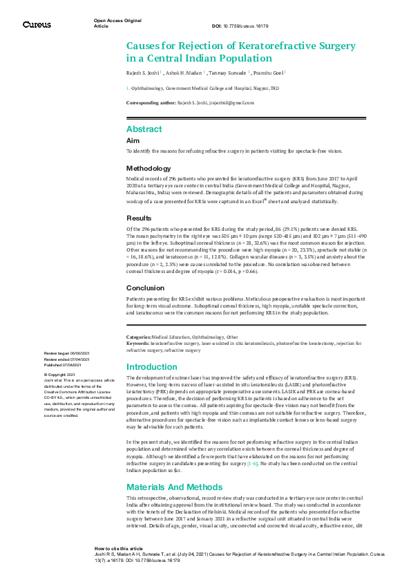 (PDF) Causes for Rejection of Keratorefractive Surgery in a Central ...