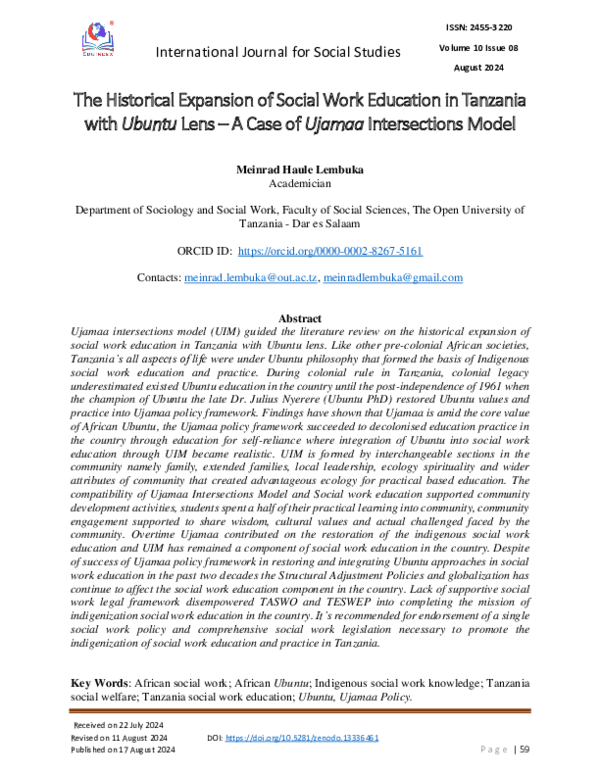 (PDF) The Historical Expansion of Social Work Education in Tanzania ...
