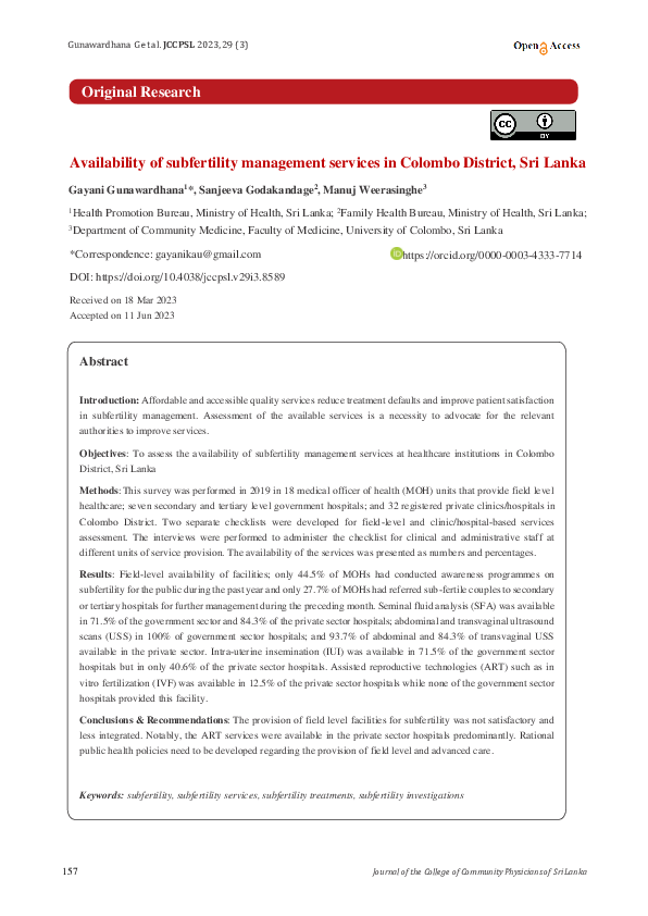 (PDF) Subfertility Service Availability in Colombo