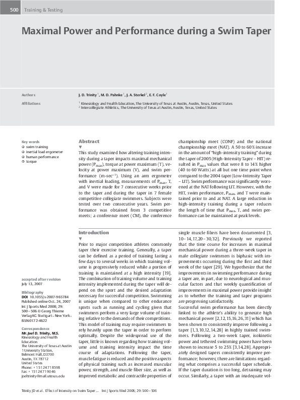 (PDF) Maximal Power and Performance during a Swim Taper