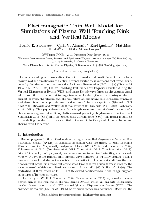 (PDF) Electromagnetic thin-wall model for simulations of plasma wall-touching kink and vertical ...