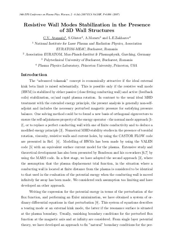 (PDF) Resistive Wall Modes Stabilization in the Presence of 3D Wall Structures