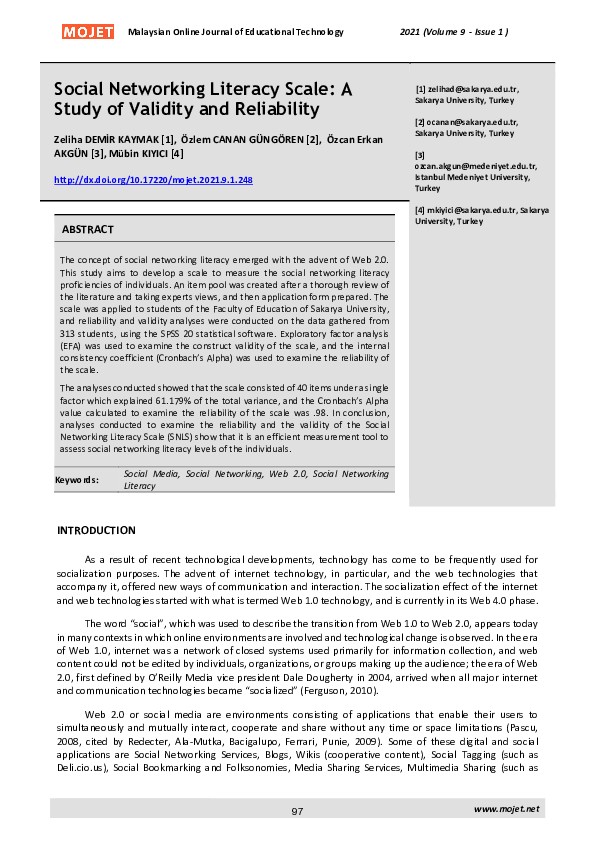 (PDF) Social Networking Literacy Scale: A Study of Validity and Reliability