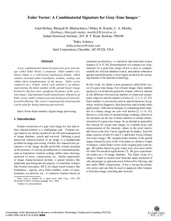 (PDF) Euler vector: a combinatorial signature for gray-tone images