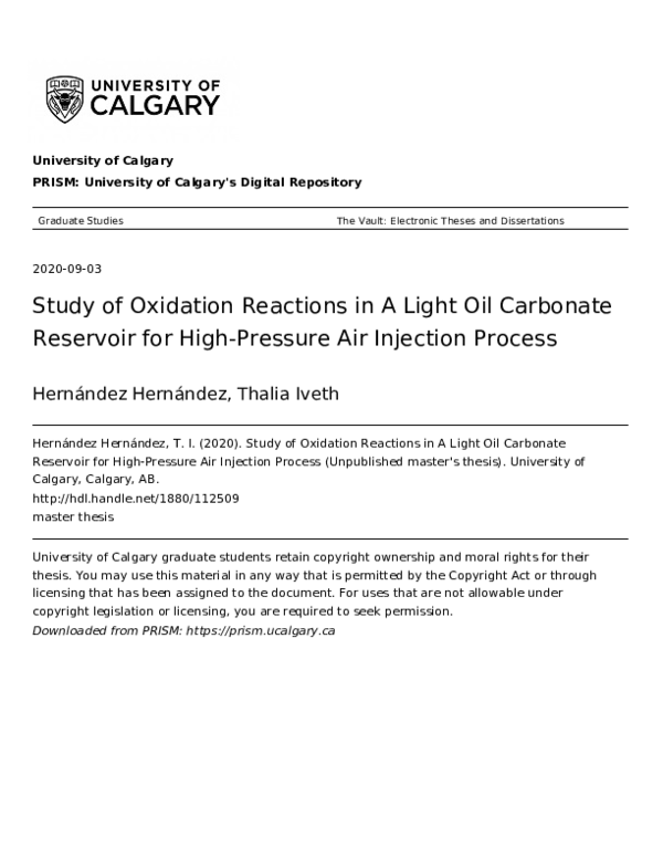 (PDF) Study of Oxidation Reactions in A Light Oil Carbonate Reservoir ...