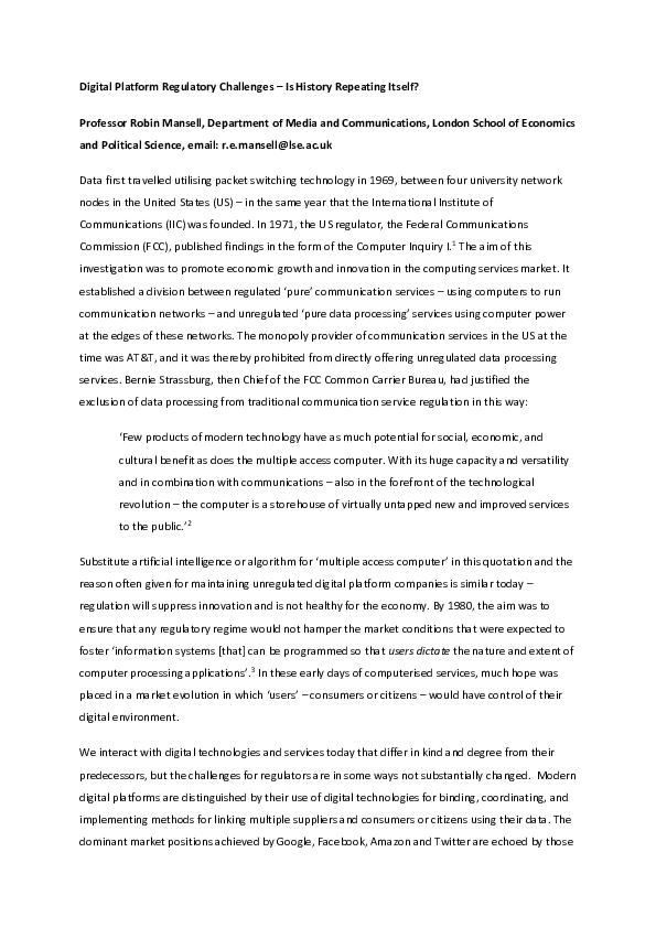 (PDF) Digital platform regulatory challenges - is history repeating itself?