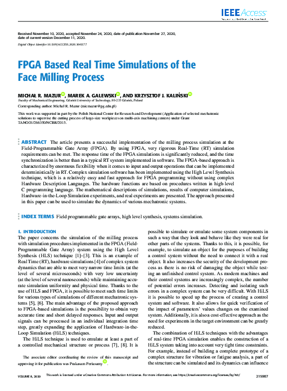 (PDF) FPGA Based Real Time Simulations of the Face Milling Process