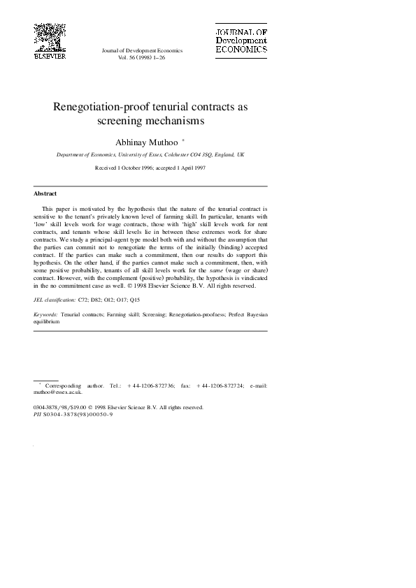 (PDF) Renegotiation-proof tenurial contracts as screening mechanisms