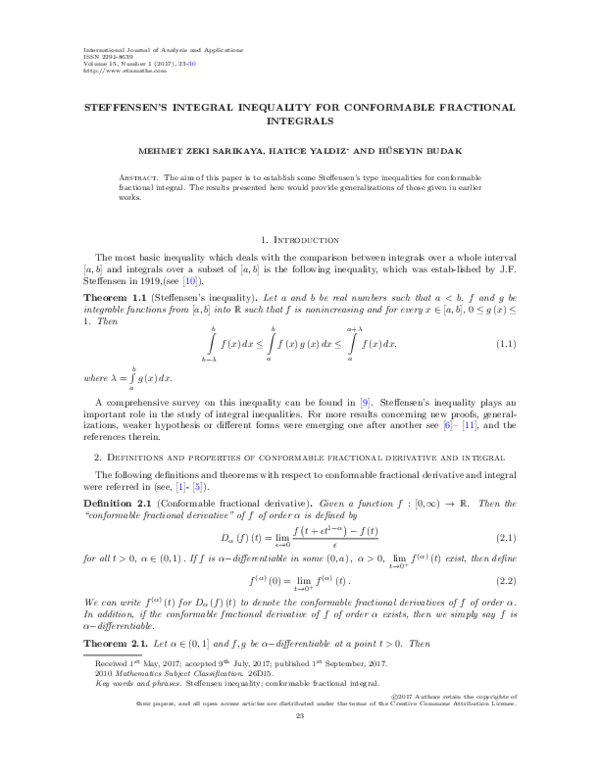 (PDF) Steffensen's integral inequality for conformable fractional integrals