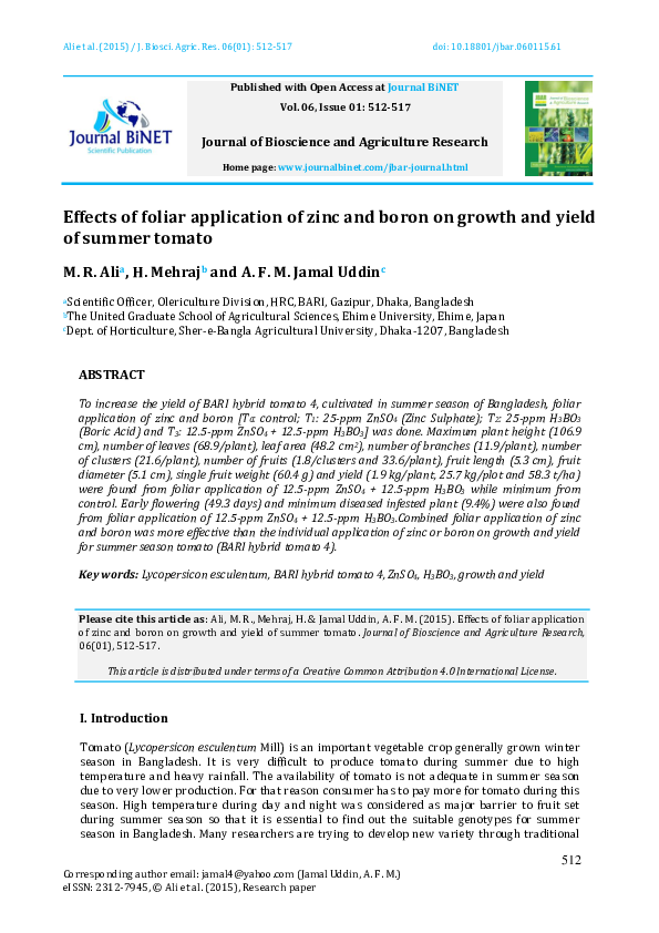 Pdf Effects Of Foliar Application Of Zinc And Boron On Growth And