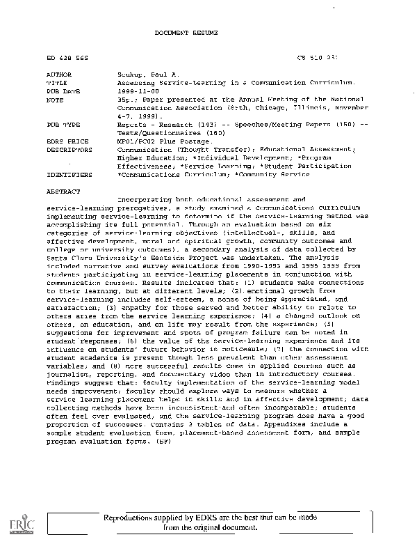 (PDF) Assessing Service-Learning in a Communication Curriculum