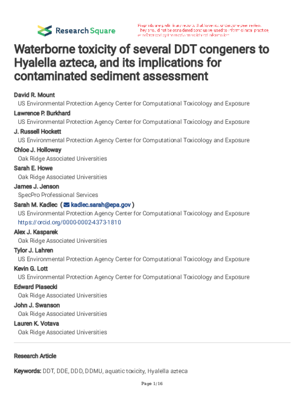 (PDF) Waterborne toxicity of several DDT congeners to Hyalella azteca ...