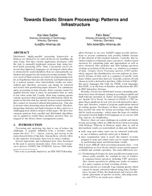 (PDF) Towards Elastic Stream Processing: Patterns and Infrastructure | Kai-Uwe Sattler ...
