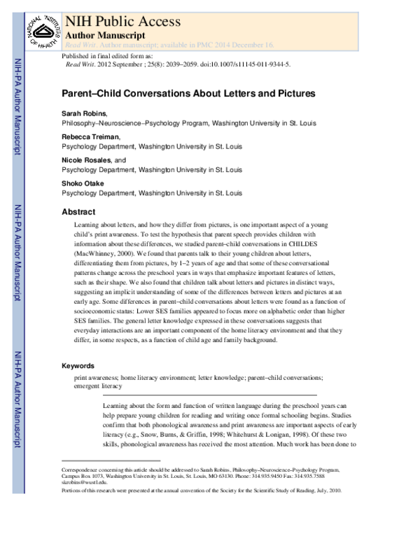 (PDF) Parent–child conversations about letters and pictures