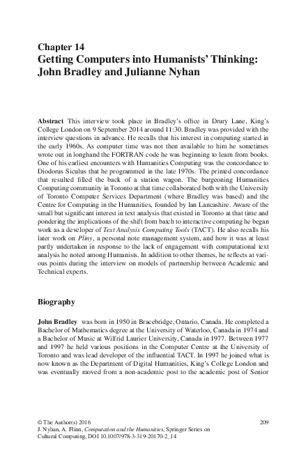 (PDF) Getting Computers into Humanists’ Thinking: John Bradley and ...