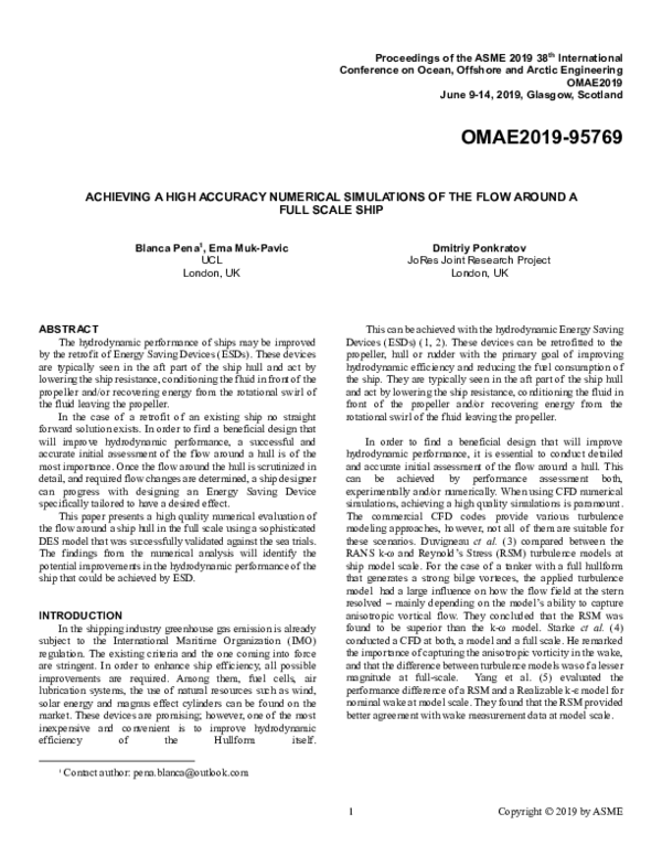 (PDF) Achieving a High Accuracy Numerical Simulations of the Flow Around a Full Scale Ship