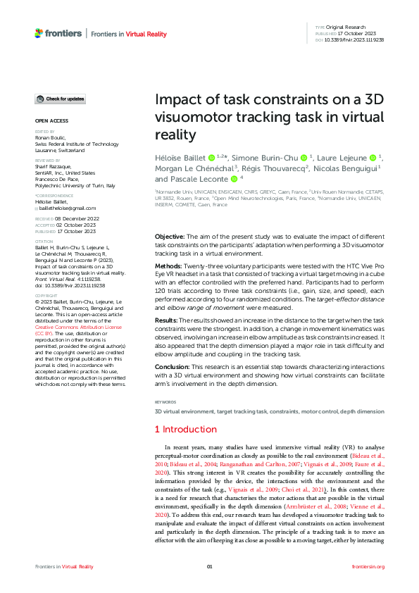 (PDF) Impact of task constraints on a 3D visuomotor tracking task in virtual reality