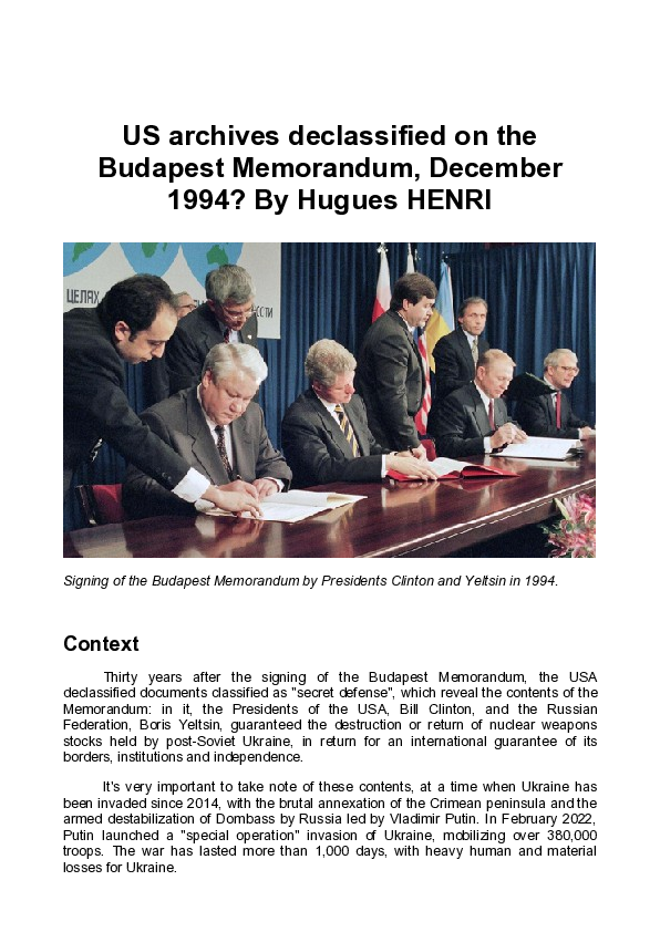 (PDF) US archives declassified on the Budapest Memorandum, December ...