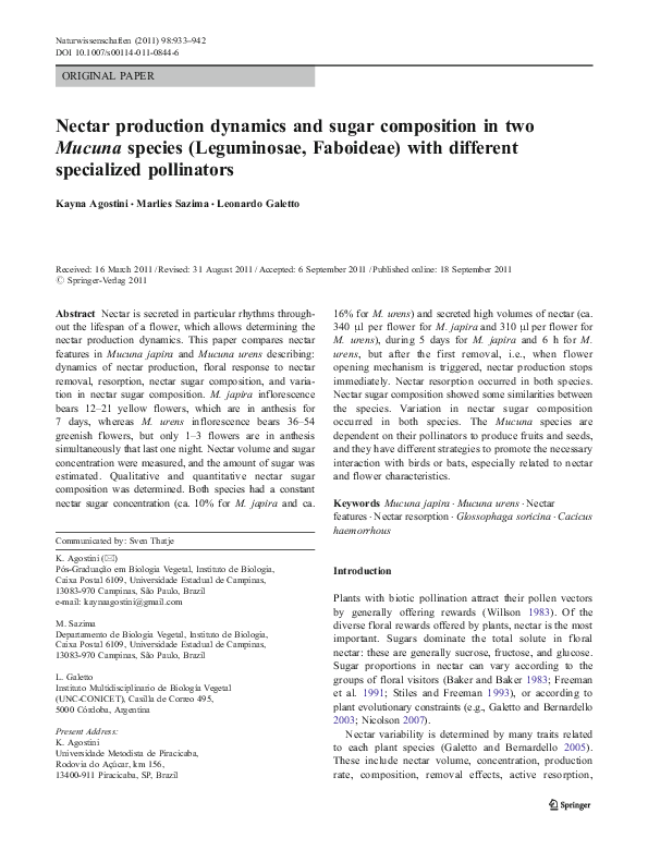 (PDF) Nectar production dynamics and sugar composition in two Mucuna ...
