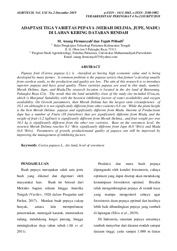 (PDF) Adaptasi Tiga Varietas Pepaya (Merah Delima, Jupe, Madu) DI Lahan ...