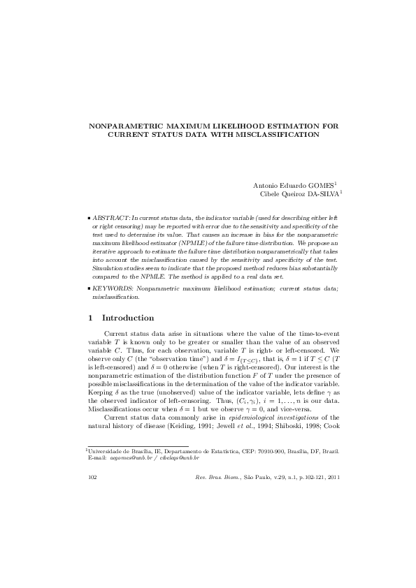 (PDF) Nonparametric Maximum Likelihood Estimation for Current Status Data with Misclassification