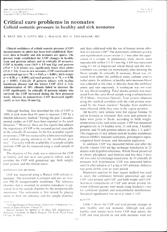 (PDF) Critical care problems in neonates Colloid osmotic pressure in ...